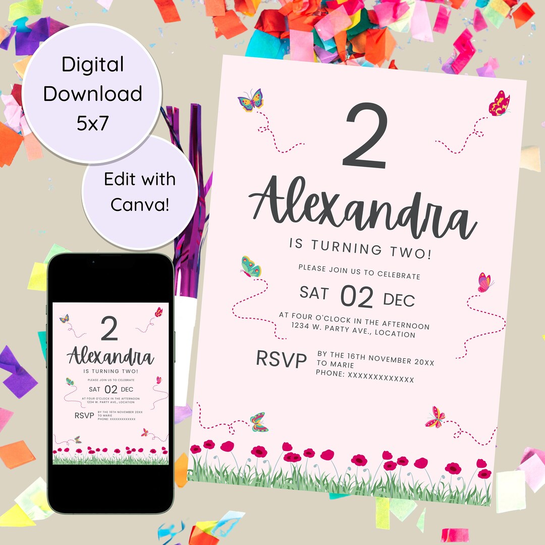 Butterfly, Flower Themed Invitation for Kids and Teens Birthdays 5x7 ...