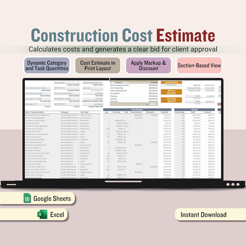 Construction Cost Estimate Calculator, Digital Printable Bid Estimate ...