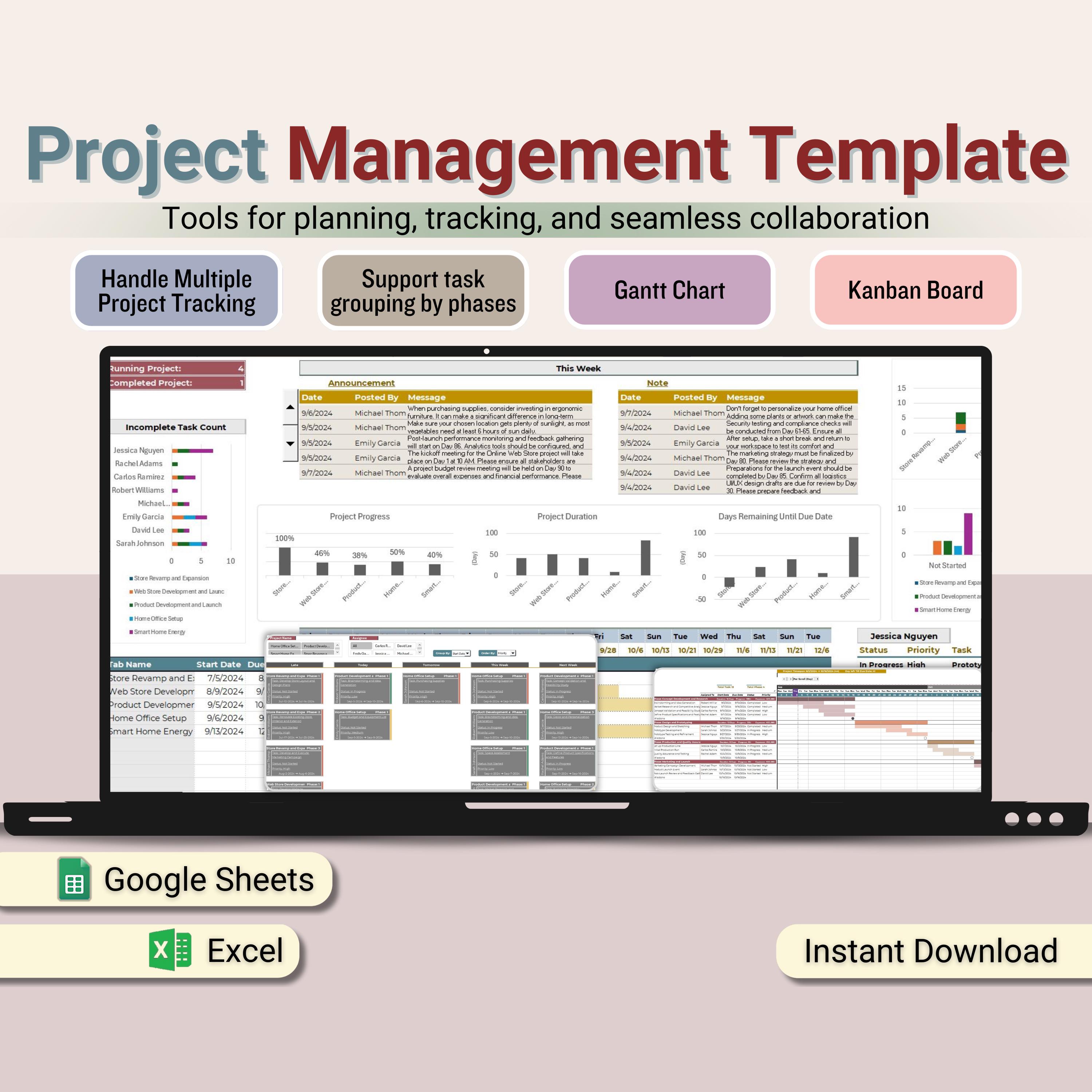 Multiple Project Management Template, Automatic Timeline Gantt Chart ...