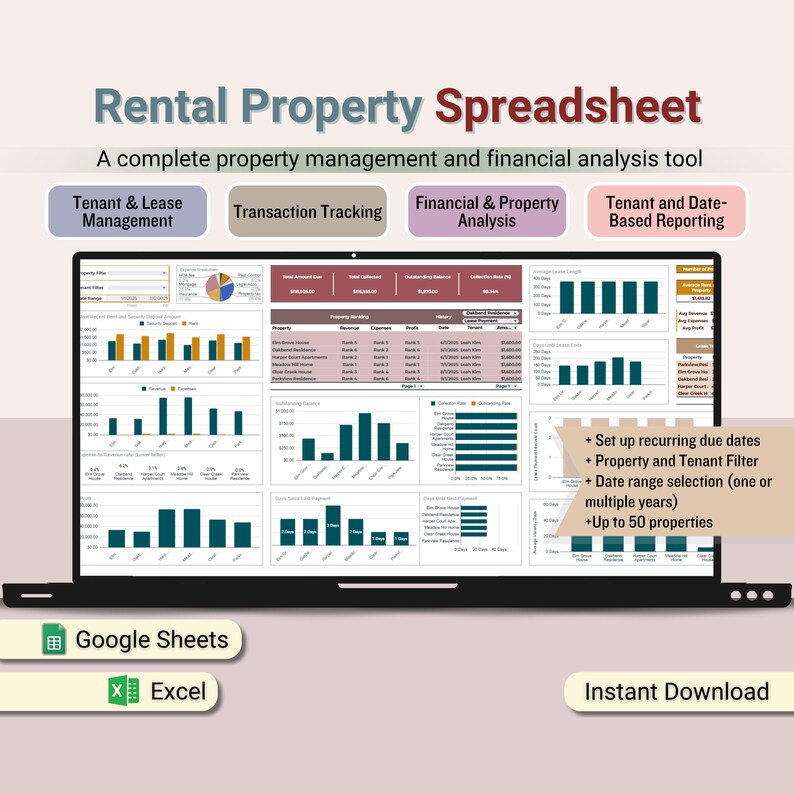 Rental Property Spreadsheet: Multi Property Income and Expense Template ...