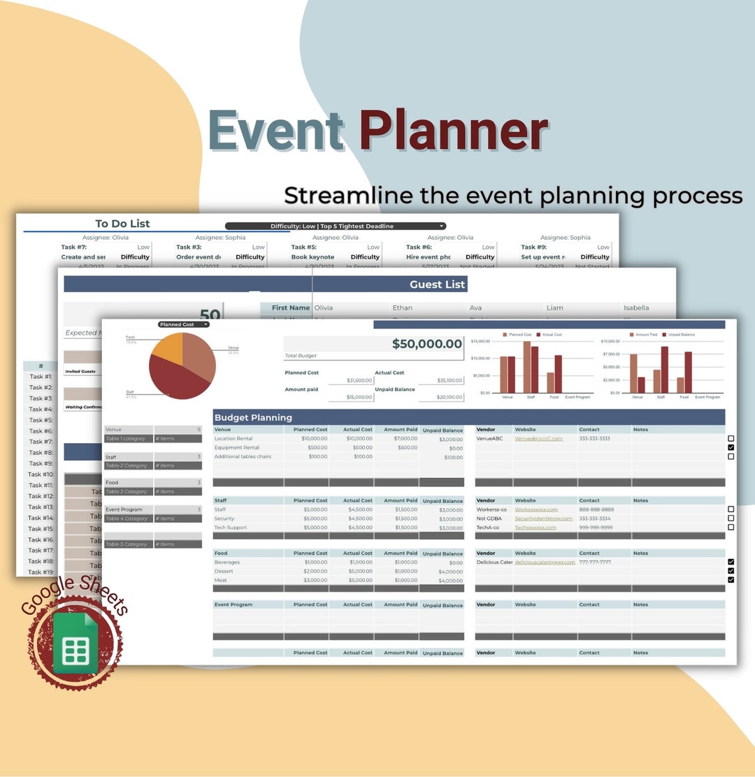 Event Digital Planner, Event Budget Spreadsheet, Guest Attendance, to ...