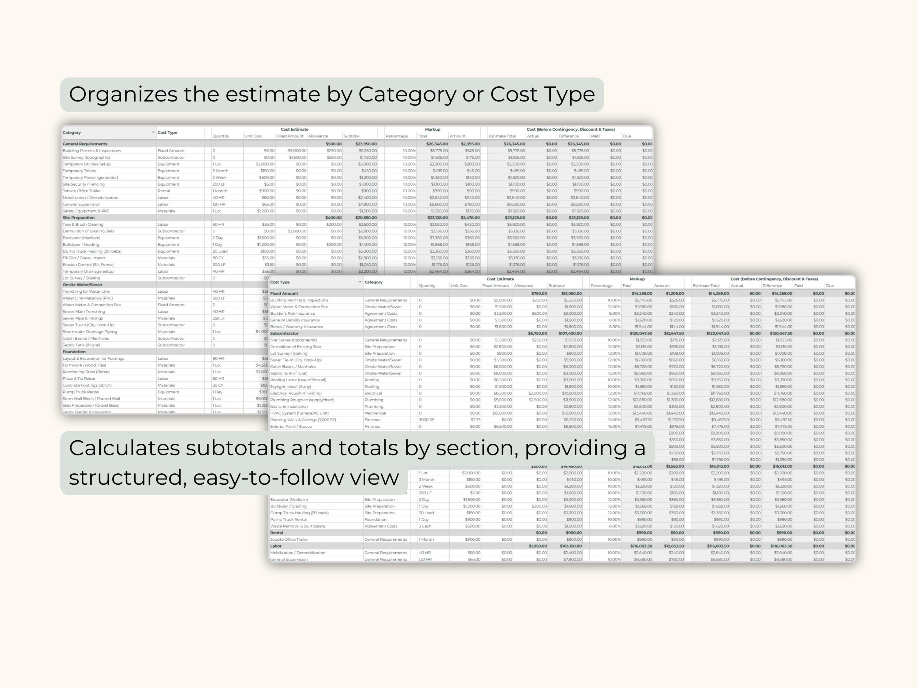 Construction Cost Estimate Calculator, Digital Printable Bid Estimate ...