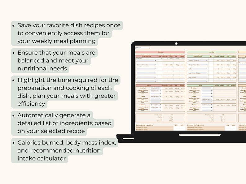 Weekly Meal Planner, Calorie Intake Tracker, Recipe Builder Digital Template, Weekly Meal Prep ...