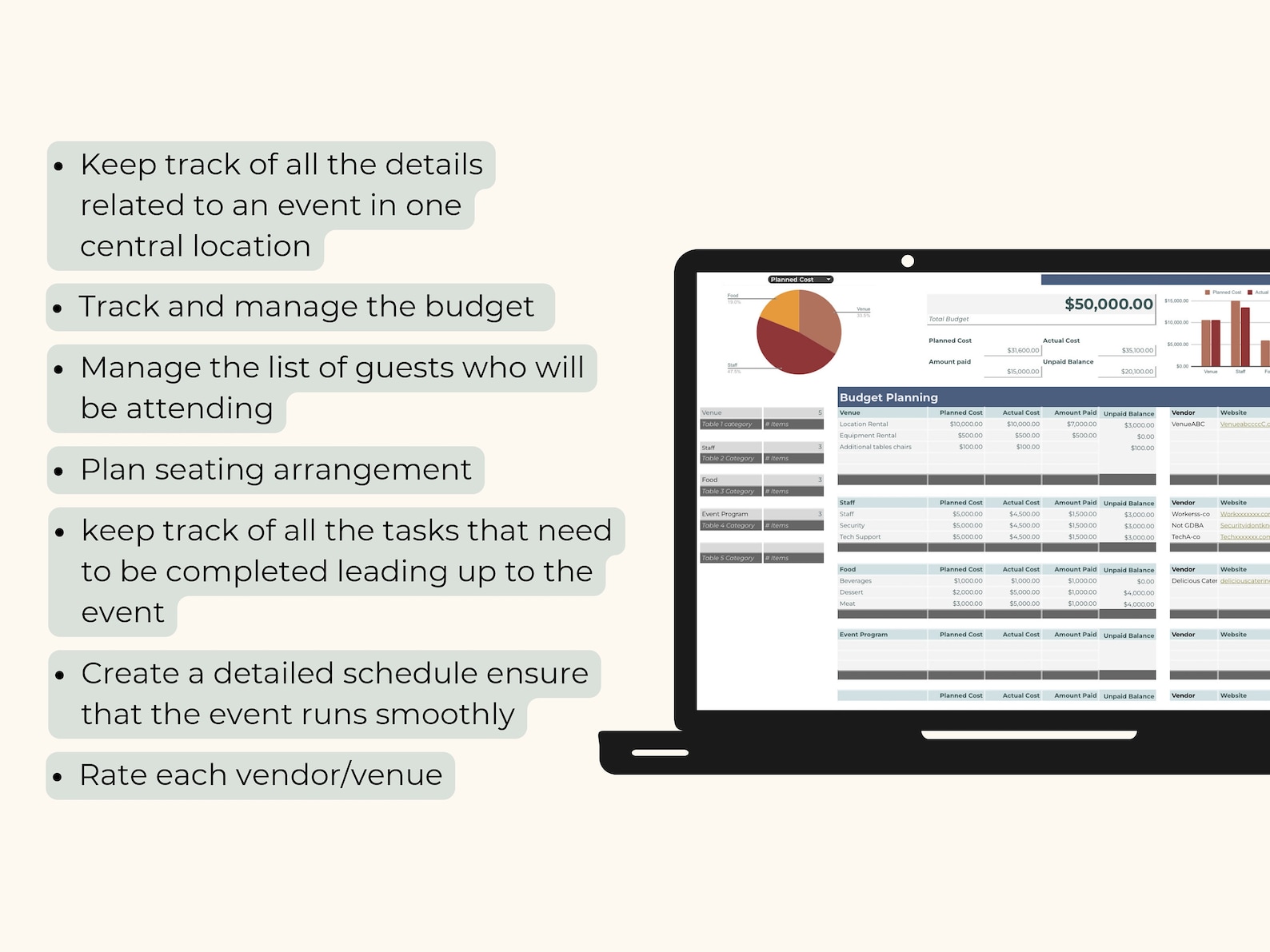 Event Digital Planner, Event Budget Spreadsheet, Guest Attendance, to ...