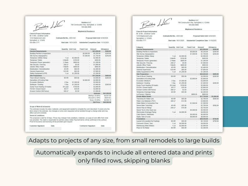 Construction Cost Estimate Calculator, Digital Printable Bid Estimate ...
