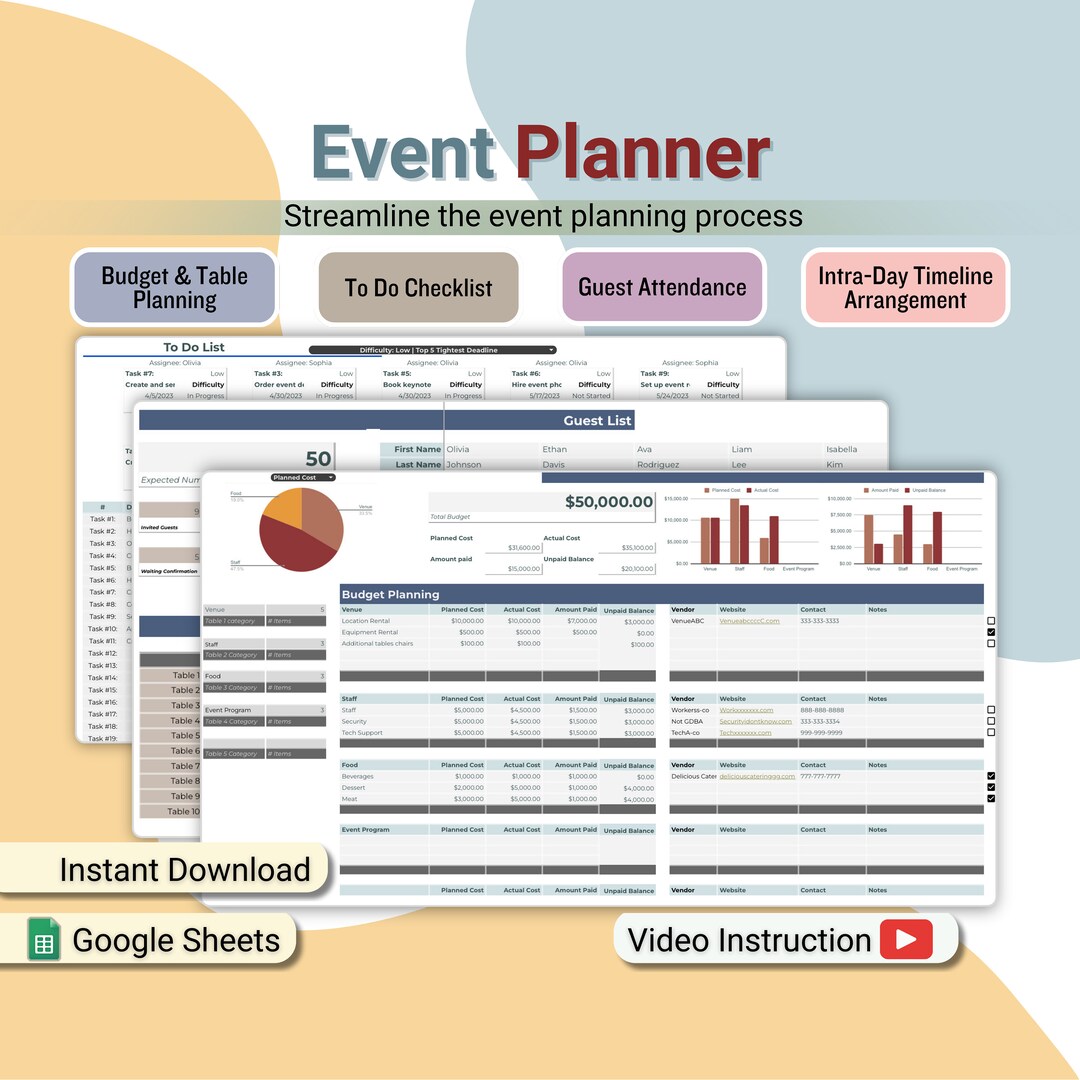 Event Digital Planner, Event Budget Spreadsheet, Guest Attendance, to ...