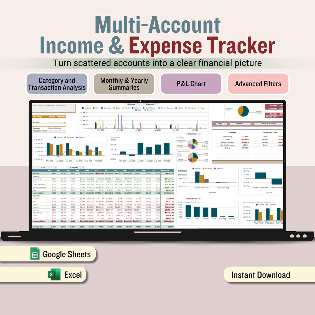 Multiple Accounts Income and Expense Spreadsheet, Personal Financial ...