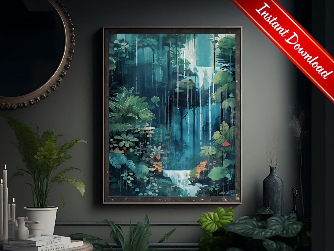 Jungle Plants and Waterfall Botanical Abstract Print, Mid Century Wall ...