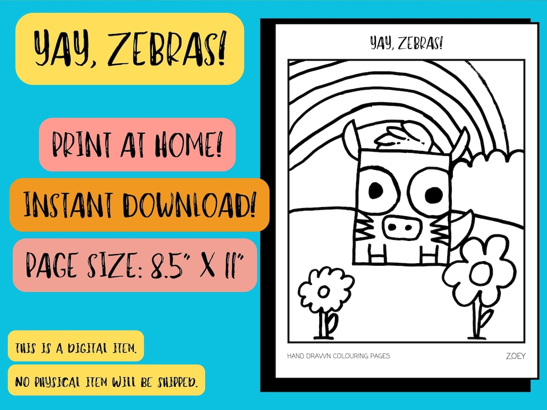PRINTABLE Colouring Page Zoey YAY ZEBRAS Hand Drawn - Etsy