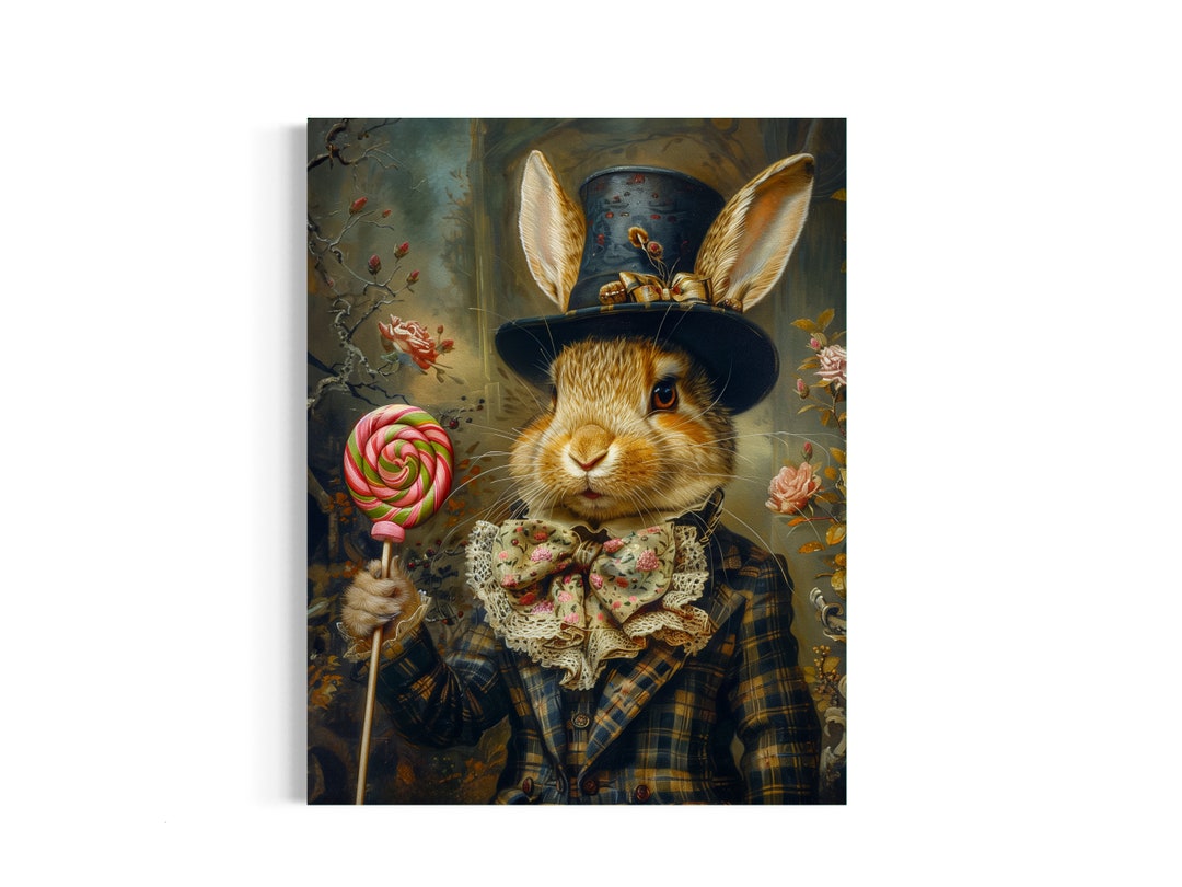 Fancy Rabbit With Spiral Lollypop | Vintage Bunny Painting, Whimsical ...
