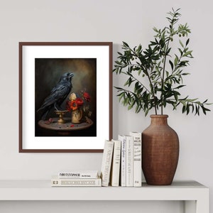 Black Raven Still Life Painting | Crow Perched With Florals, Black Bird ...