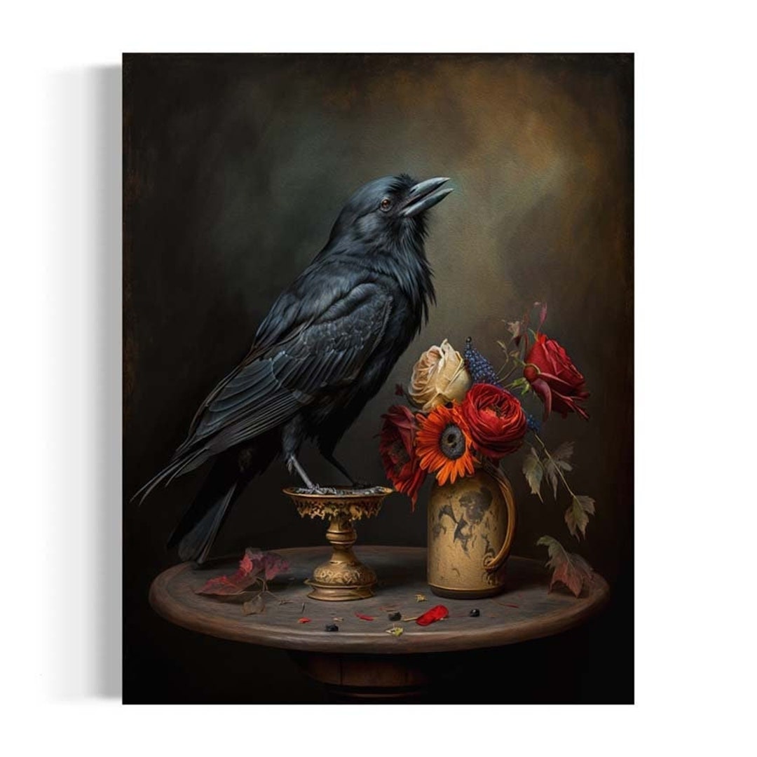 Black Raven Still Life Painting | Crow Perched With Florals, Black Bird ...