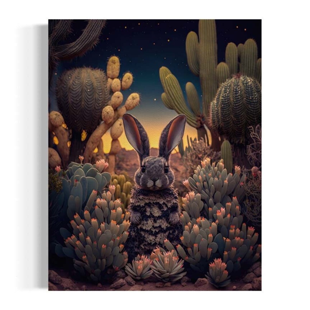 Vintage Bunny Print Rabbit in Desert Cactus Painting, Botanical Gallery ...