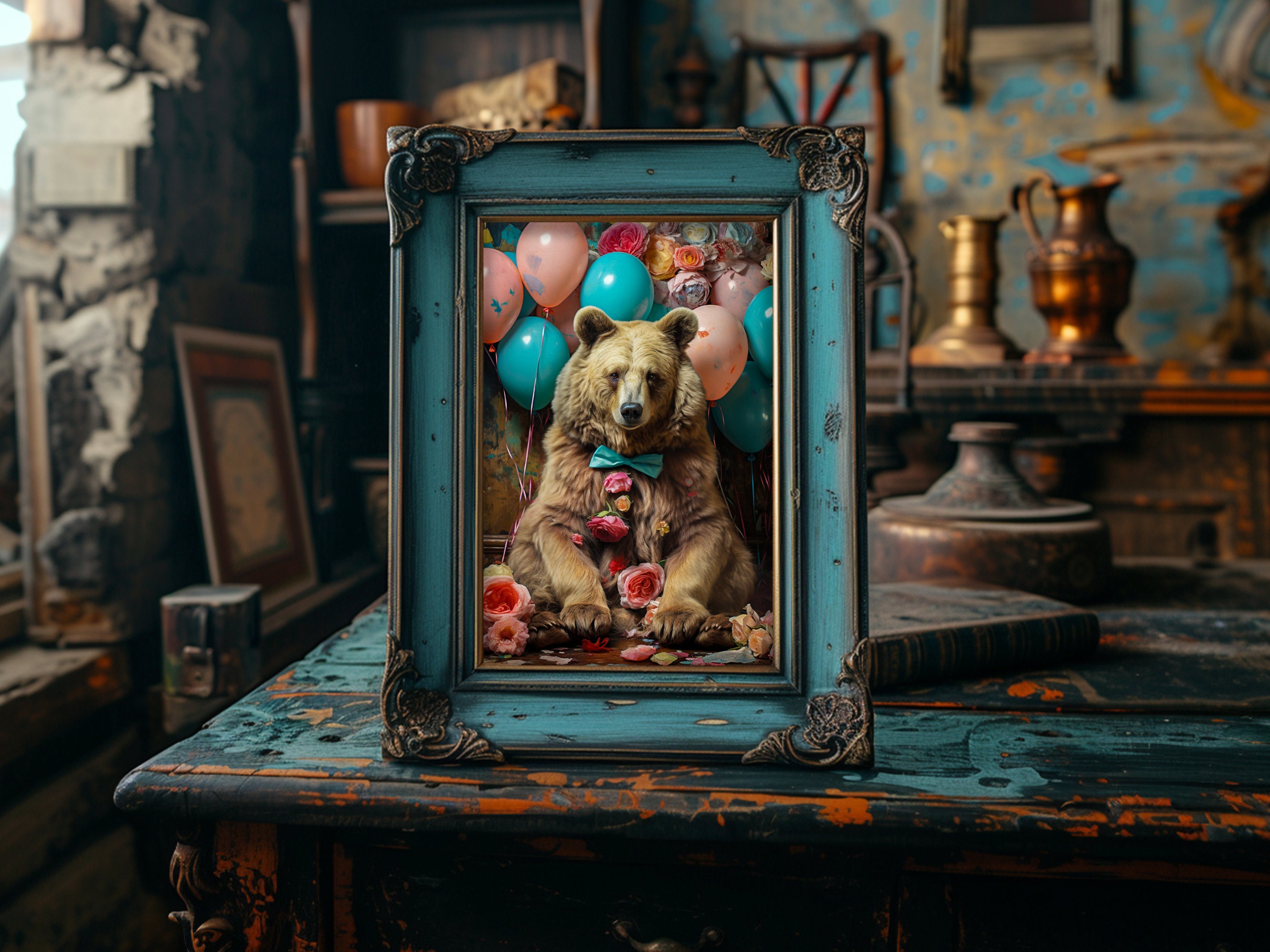 Vintage Bear Wall Art, Party Bear With Pink and Blue Balloons, Cute ...