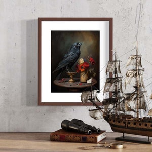 Black Raven Still Life Painting | Crow Perched With Florals, Black Bird ...