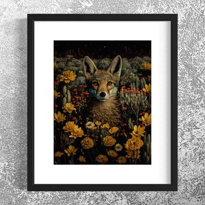 Vintage Coyote Print Coyote Hiding in Wildflowers Painting, Art Gallery ...