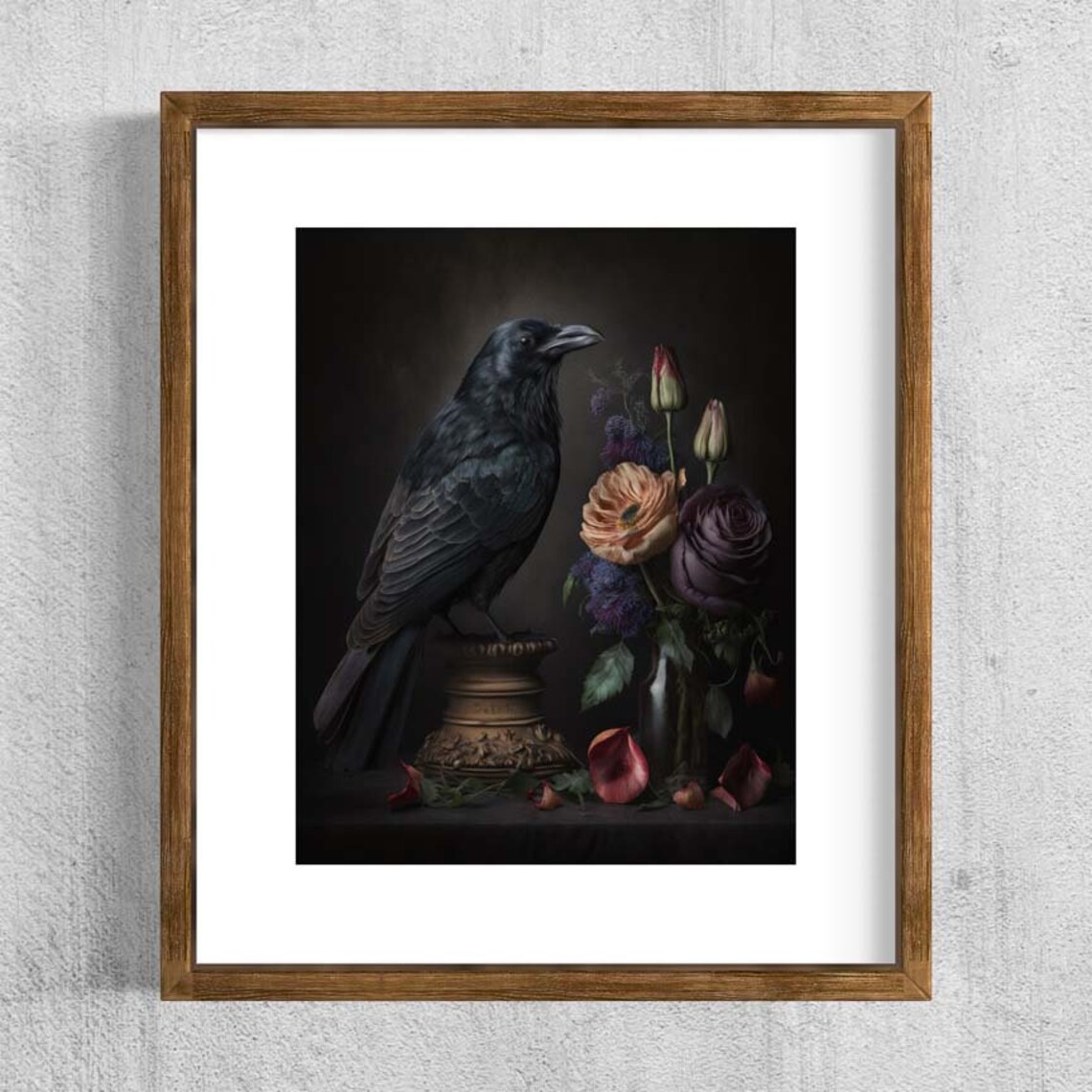 Black Raven Still Life Painting | Crow Perched With Floral, Black Bird ...