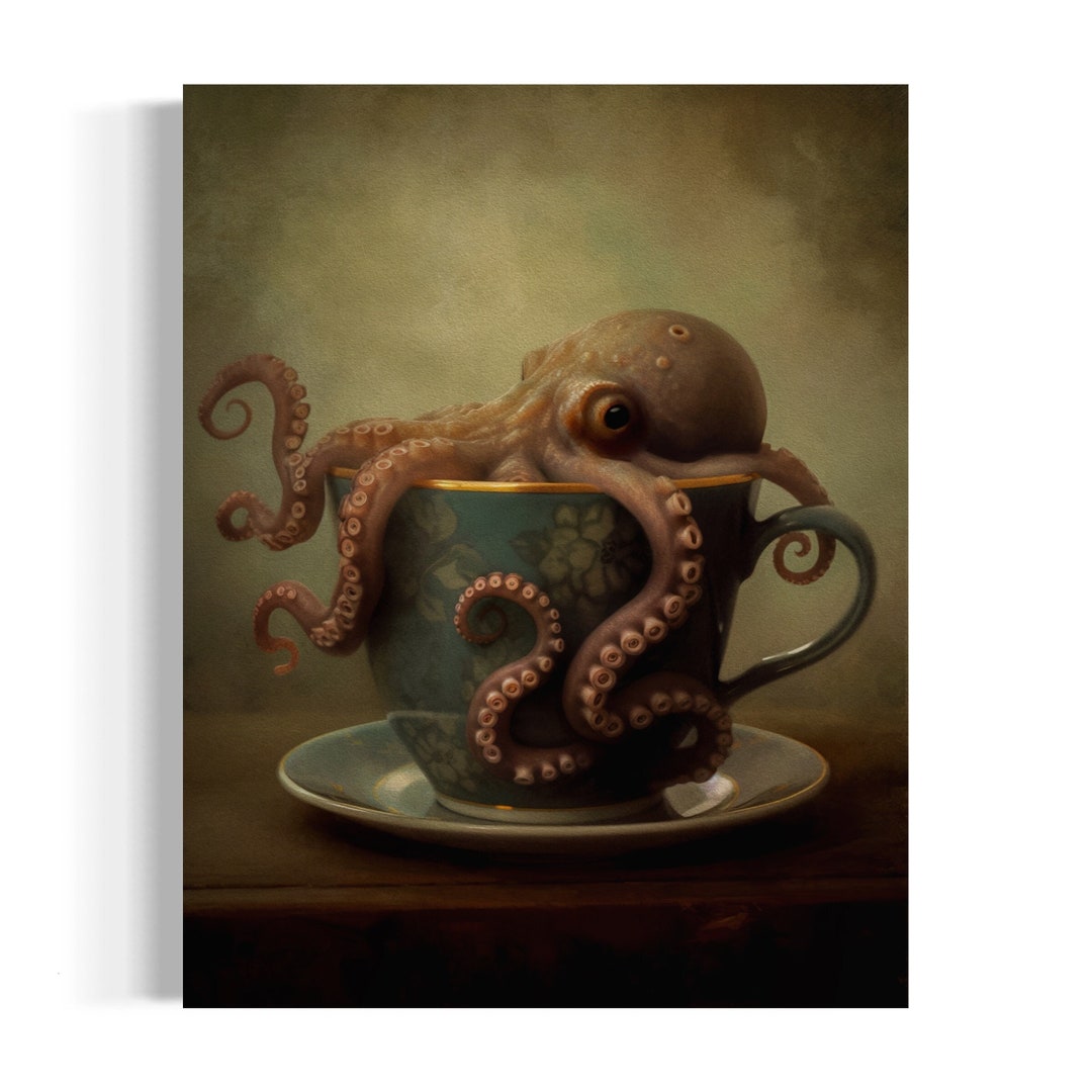 Octopus in A Tea Cup Oil Painting Octopus Decor Gothic - Etsy