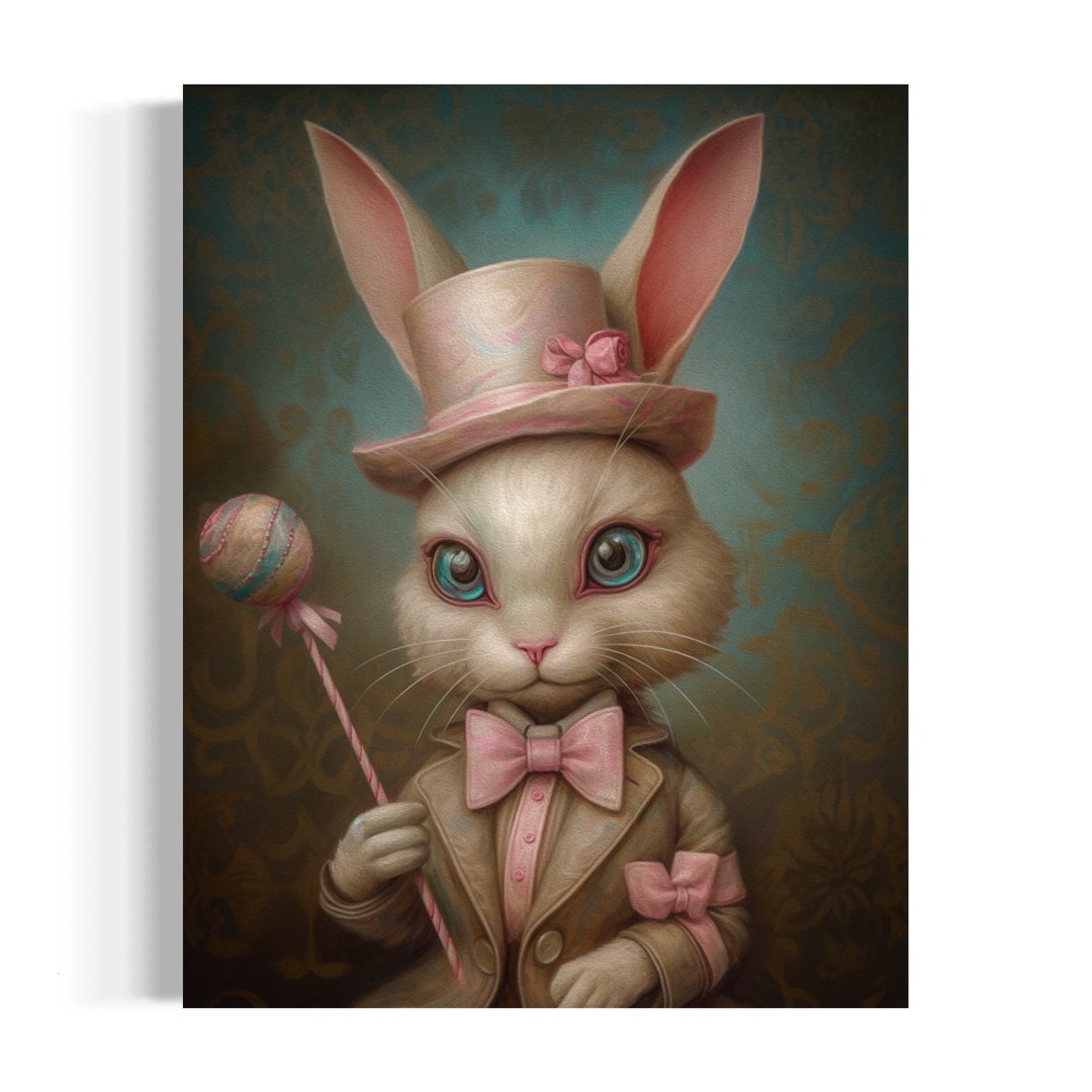 Easter Bunny Wearing Pink Top Hat Vintage Bunny Painting, Rabbit Wall ...