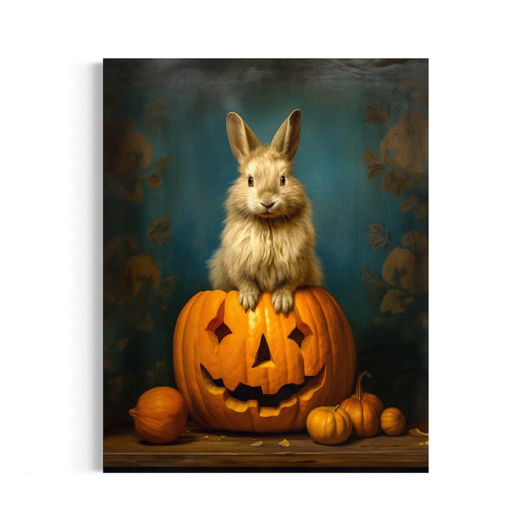 Rabbit in A Jack O Lantern Pumpkin Oil Painting, Fall Harvest, Bunny ...