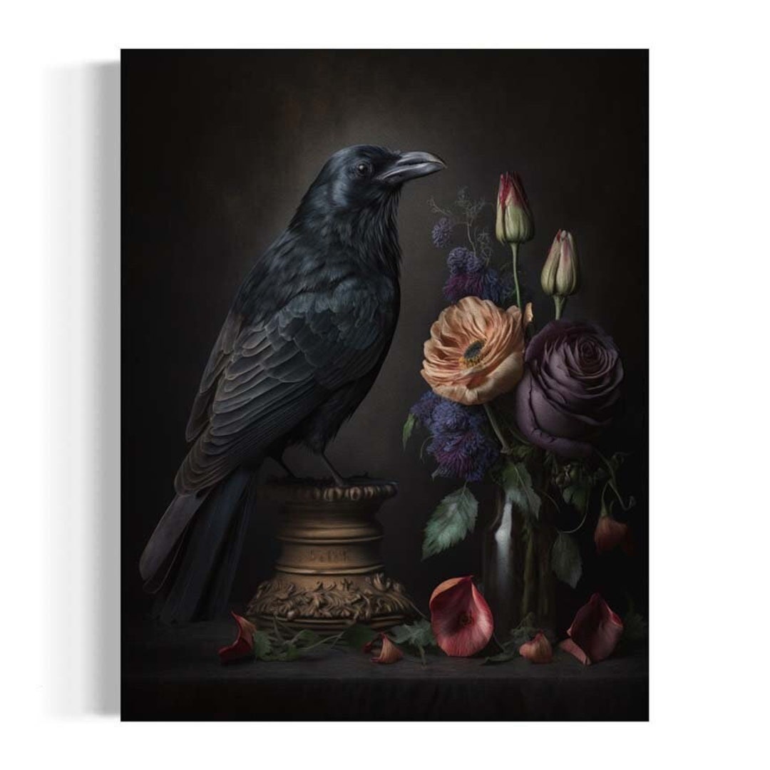 Black Raven Still Life Painting | Crow Perched With Floral, Black Bird ...