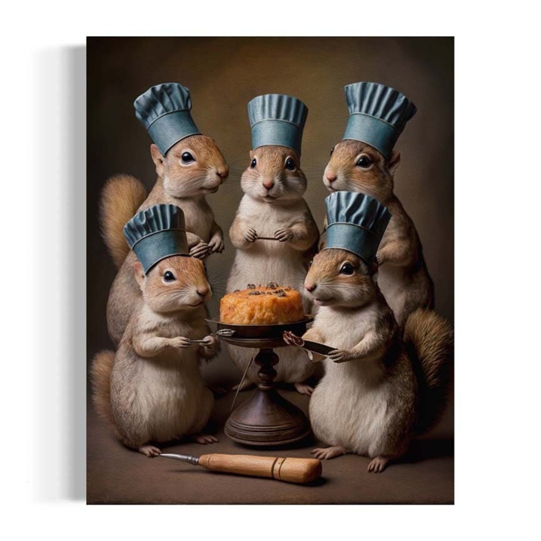 French Kitchen Wall Art, Squirrels Baking A Cake, Cottagecore, Funny ...