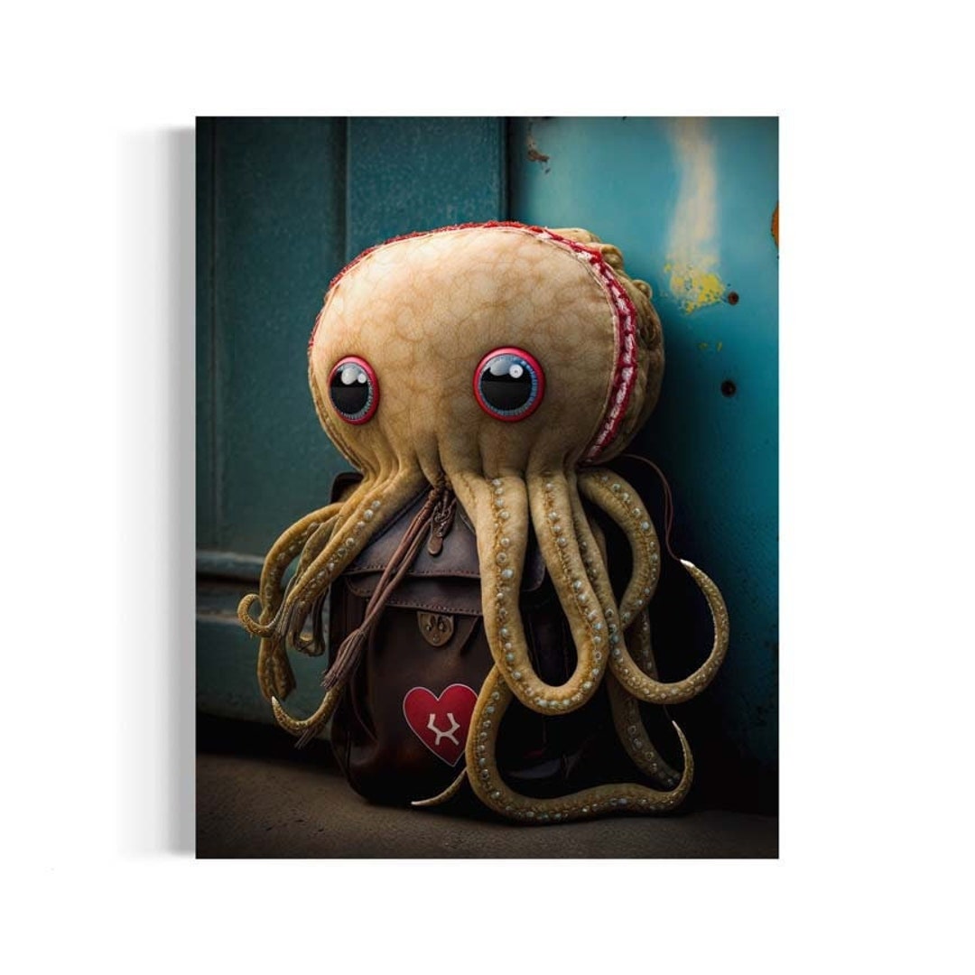 Bruce the Octopus Wall Art, Baby Octopus Traveling on Suitcase, Kracken ...