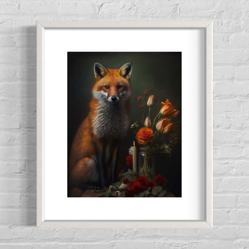 Vintage Fox Art Red Fox Floral Still Life Painting Moody - Etsy