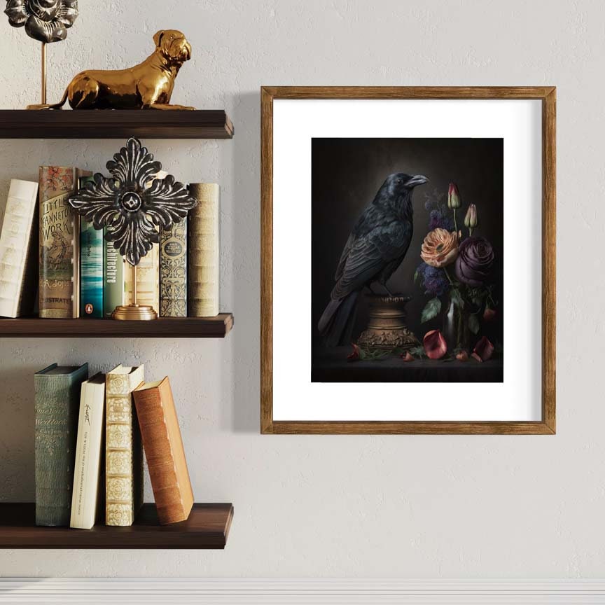 Black Raven Still Life Painting | Crow Perched With Floral, Black Bird ...