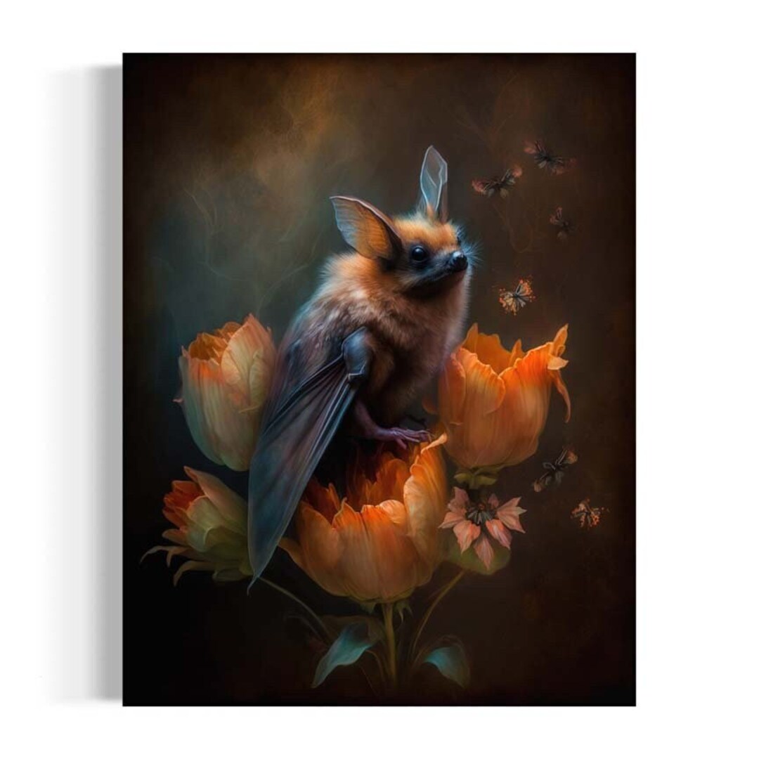 Vintage Bat Painting | Bat in Spring Flowers Antique Painting, Orange ...