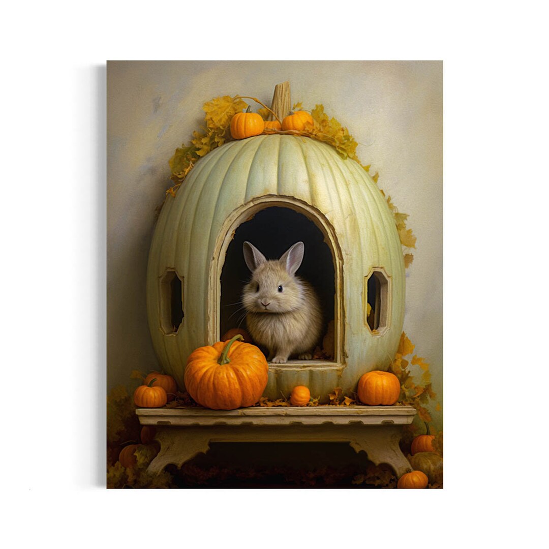 Rabbit House White Pumpkin Oil Painting, Fall Harvest, Bunny Decor ...