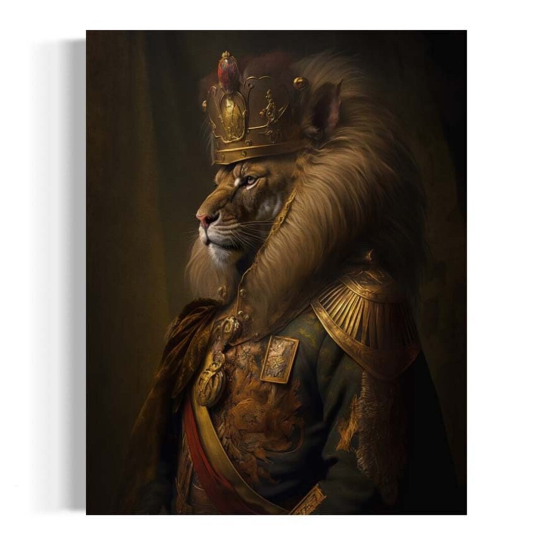 Lion King Royalty Portrait, Victorian Lion Wearing a Crown Painting ...