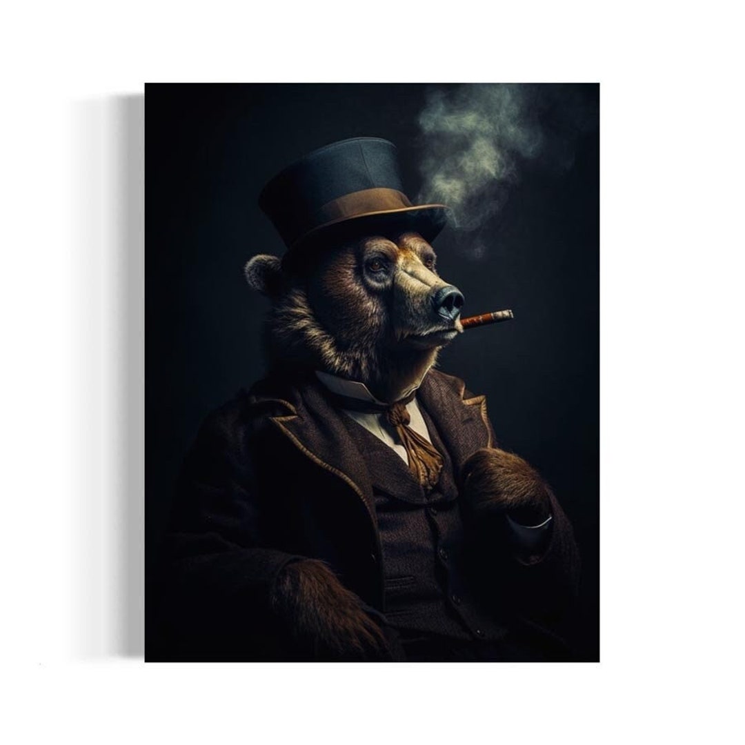 Smoking Bear Vintage Portrait, Bear in Top Hat Painting, Animals in ...