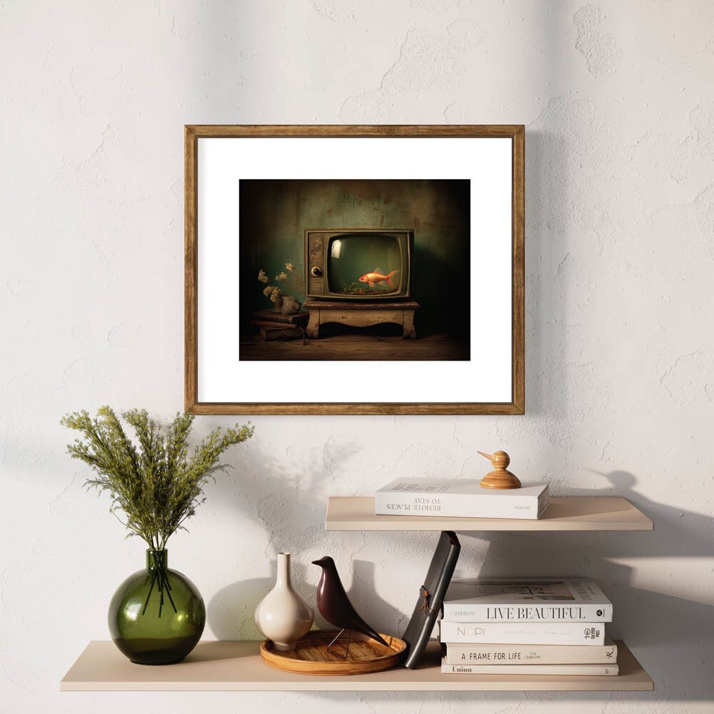 Surreal Art Print | Fish in Retro Television, Vintage Goldfish Still ...