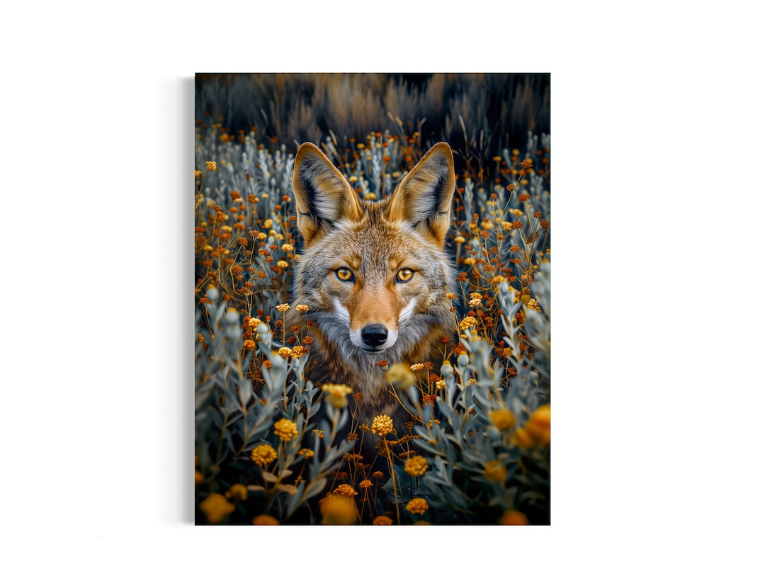 Vintage Coyote Print | Coyote Hiding in Wildflowers Painting, Art ...