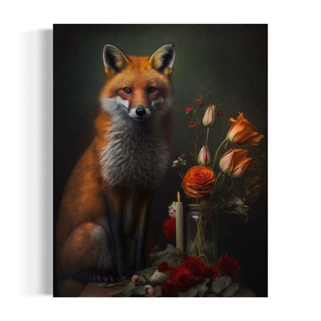 Vintage Fox Art Red Fox Floral Still Life Painting Moody - Etsy