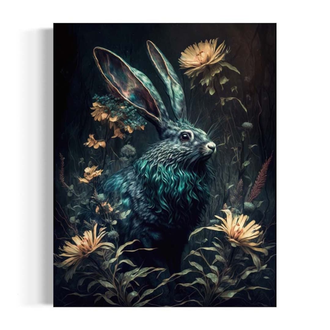 Vintage Bunny Art Rabbit in Floral Anitque Painting Dark - Etsy