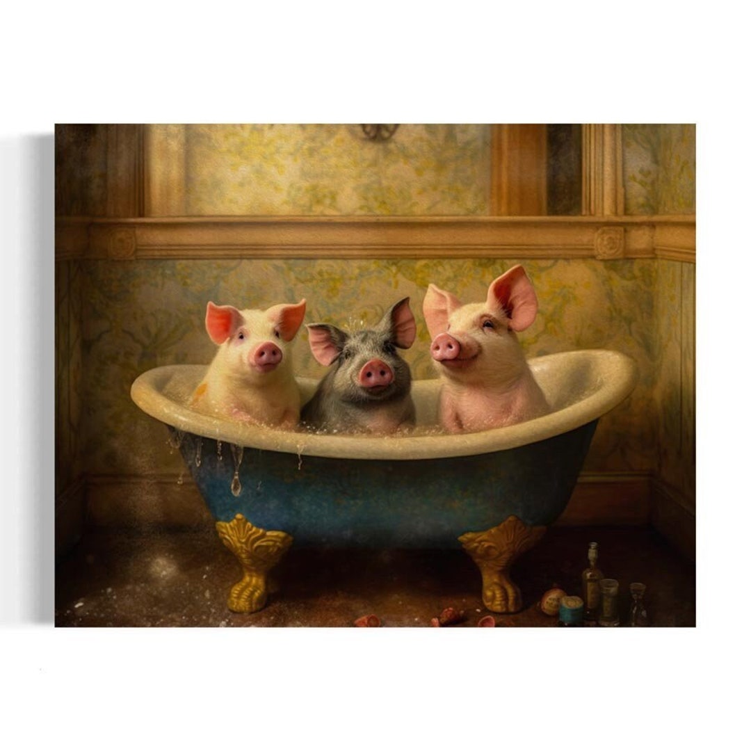 Pigs in the Bathtub Oil Painting | Funny Bathroom Wall Art, Cute Pig ...