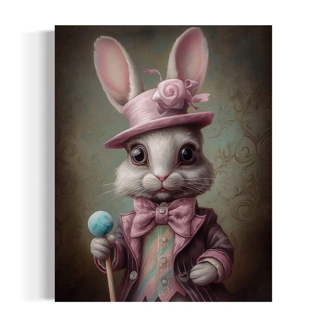Vintage Bunny Painting | Easter Bunny Wearing Pink Bow Tie, Rabbit Wall ...