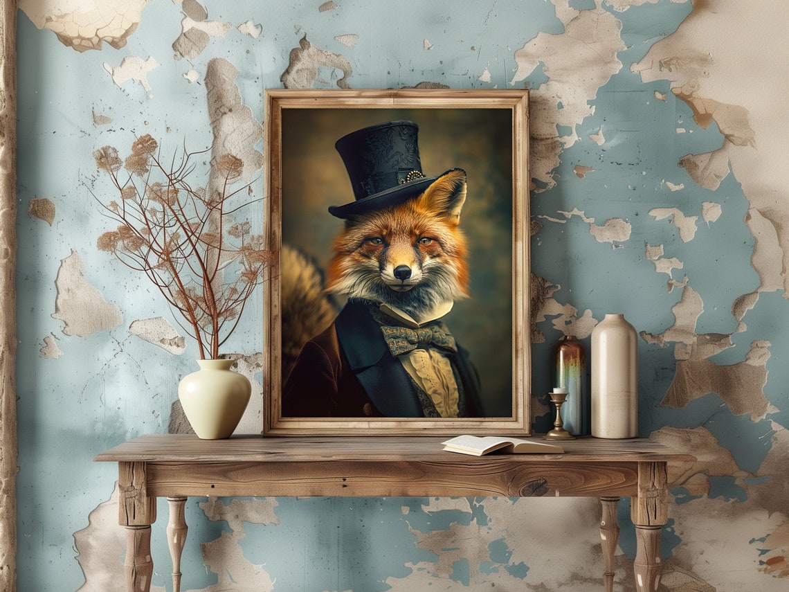 Gentleman Fox Vintage Portrait, Victorian Fox Wearing a Top Hat ...