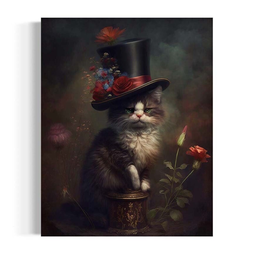 Victorian Cat Painting Vintage Cat Art, Fancy Kitten in Floral Top Hat ...