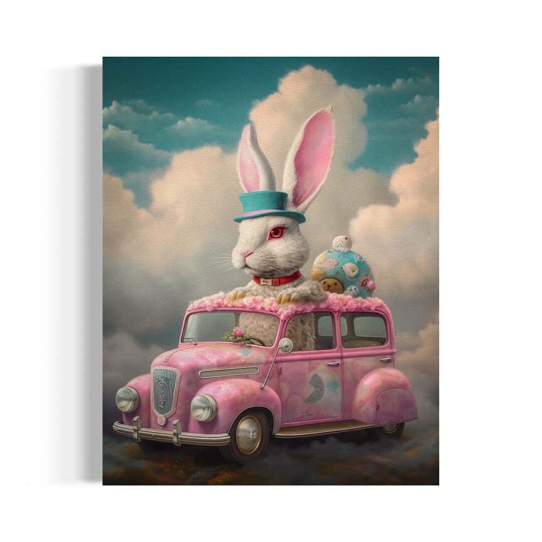 Mr Rabbit Pink Fun Bus Pop Surrealist Painting Easter Bunny Wall Art ...