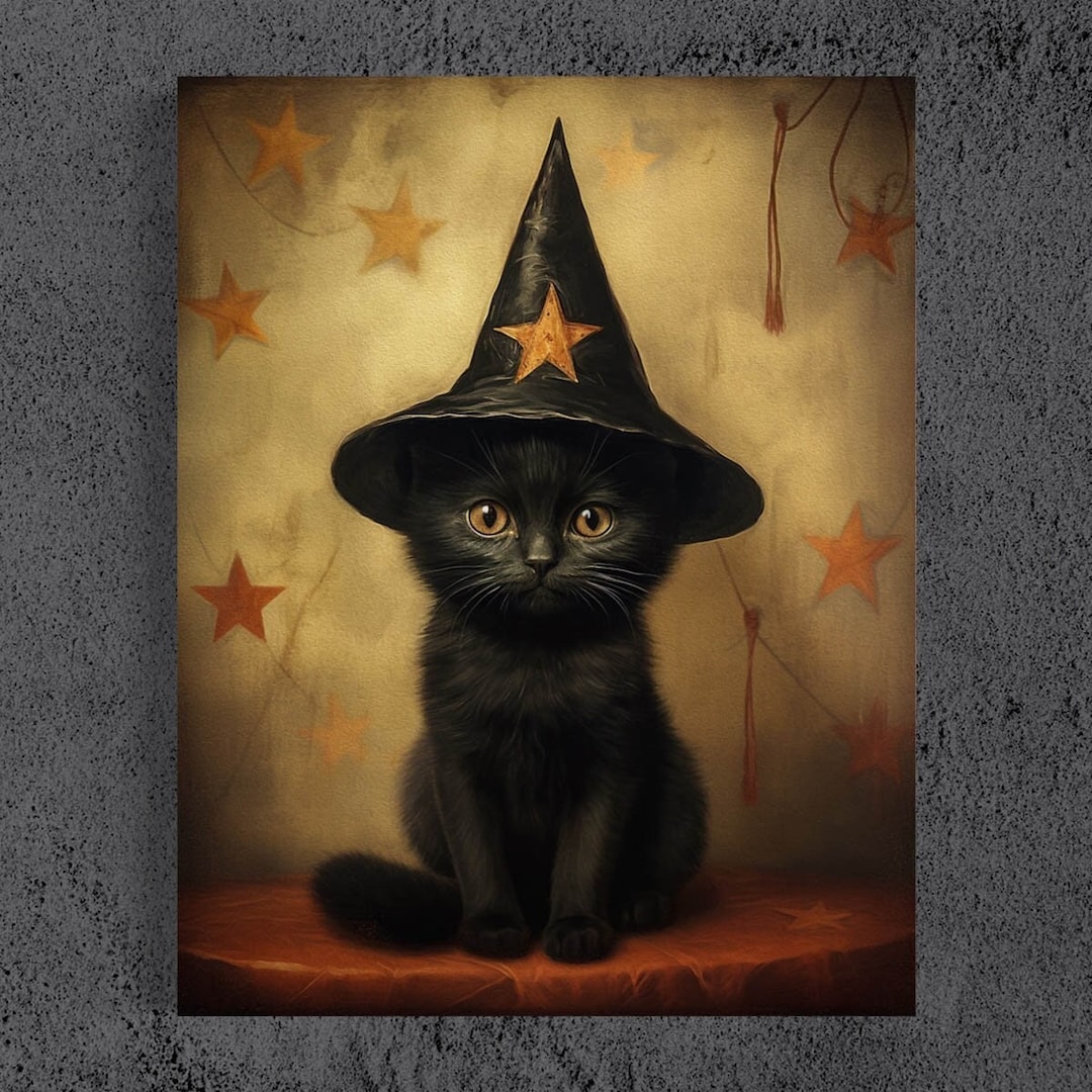 Witch Halloween Cat in Black Hat With Star, Vintage Black Cat ...
