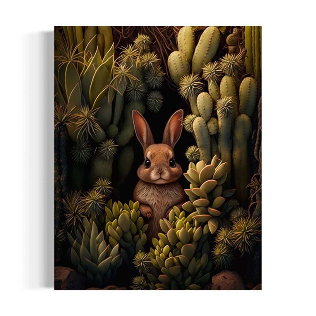 Desert Bunny Hiding in Cactus Painting, Western Wall Decor, Botanical ...