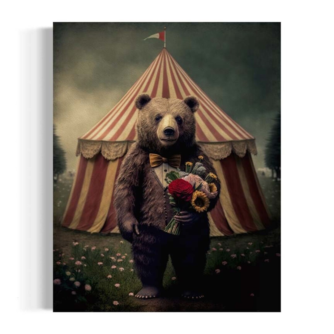 Vintage Bear at the Big Top Tent, Bear Holding Flower Bouquet Painting ...
