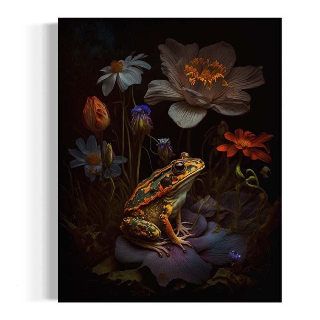 Dark and Moody Floral Print | Frog in Wildflowers Painting, Toad Wall ...