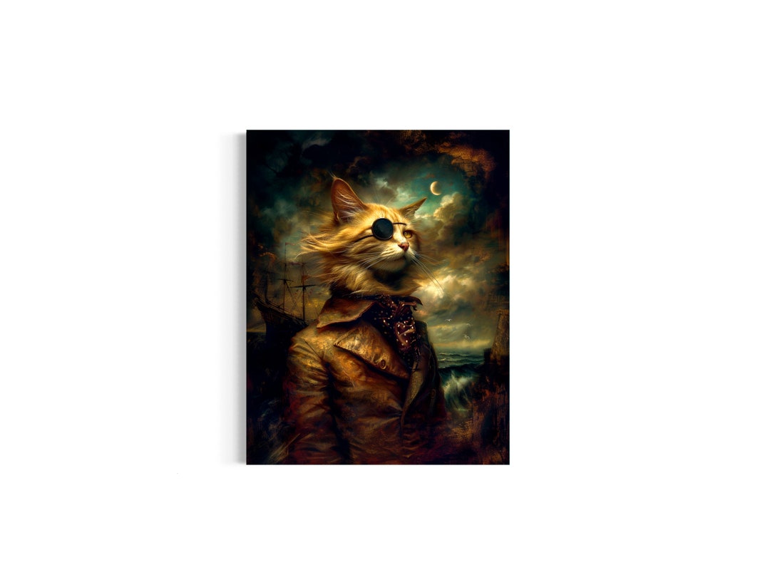 Pirate Cat Wall Art, Sea Captain Cat Painting, Nautical Ocean Wall ...