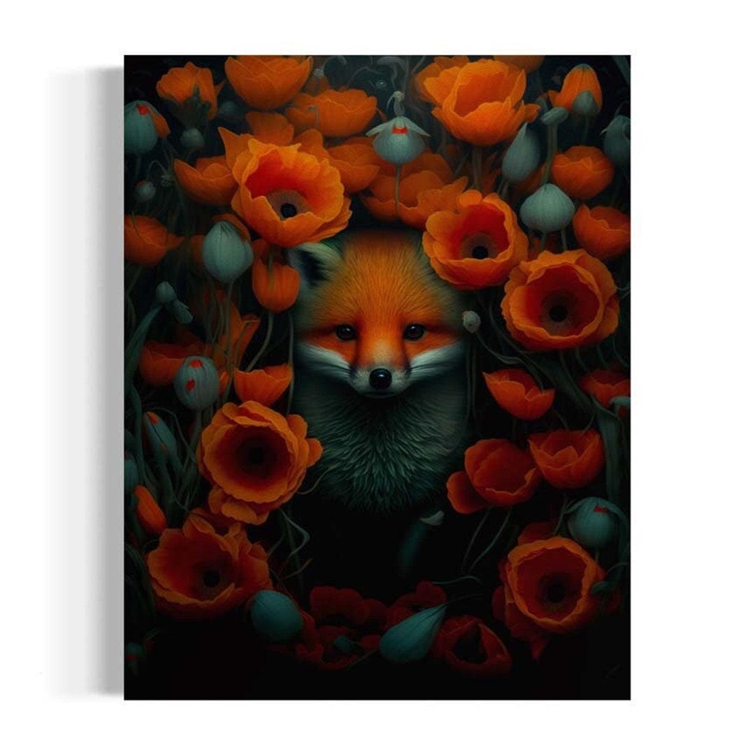 Vintage Fox Art Red Fox Hiding in Poppies Painting, Dark Botanical ...