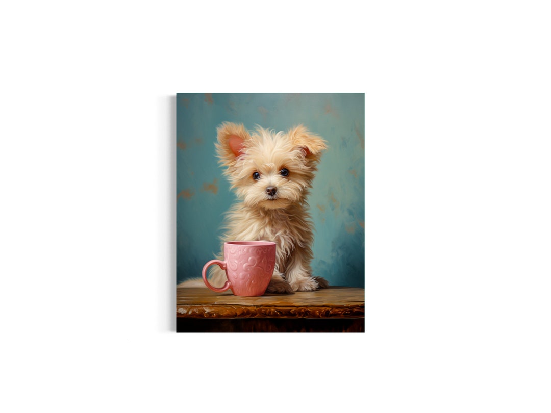 Cottagecore Coffee Bar Decor, Vintage Dog Artwork, Pink Tea Cup ...