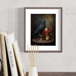 Black Raven Still Life Painting | Crow Perched With Florals, Black Bird ...